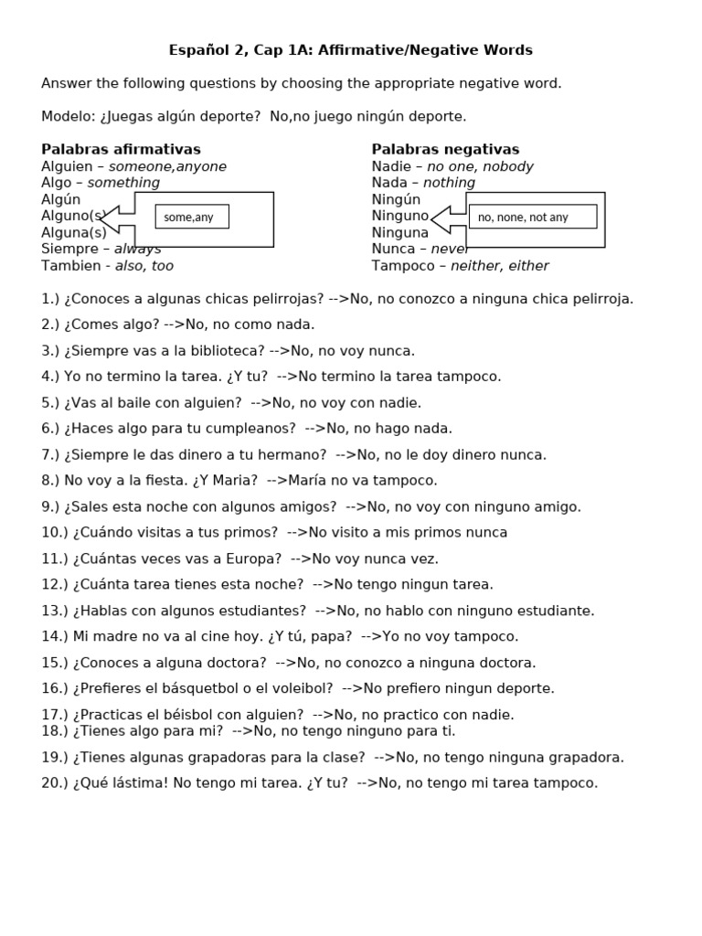 Español 2 Affirmative-Negative Words | PDF