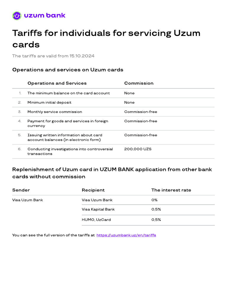 Uzum Card - Tariffs - en | PDF