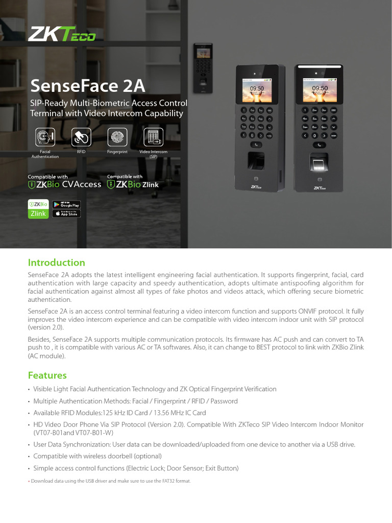 SenseFace 2A Facial Access Control Terminal - Datasheet - 202404 | PDF | Access Control ...