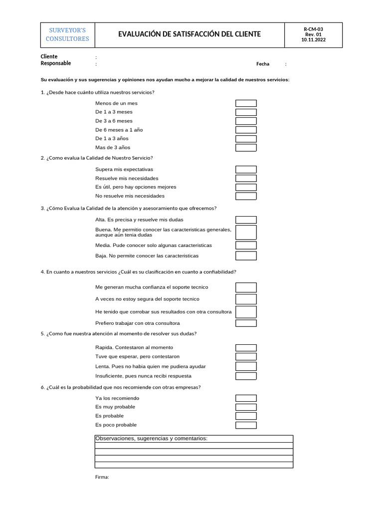 Evaluacion Satisfaccion Cliente | PDF | Cliente