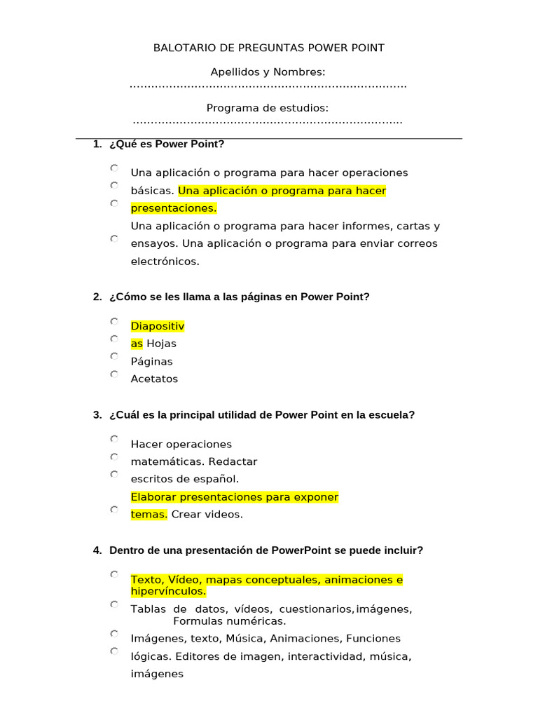 Balotario Preguntas Power Point para El Examen (1) - 1-6 | PDF | Microsoft PowerPoint | Informática