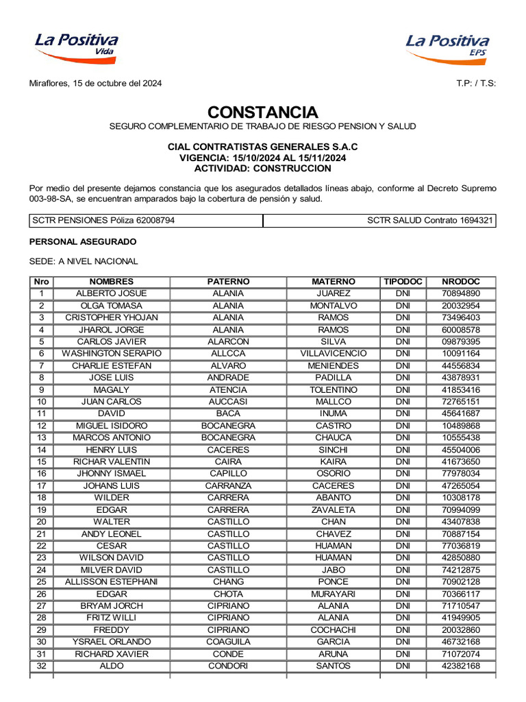 Cial Constancia Renovacion SCTR Oct | PDF | Business | Derecho civil (sistema legal)