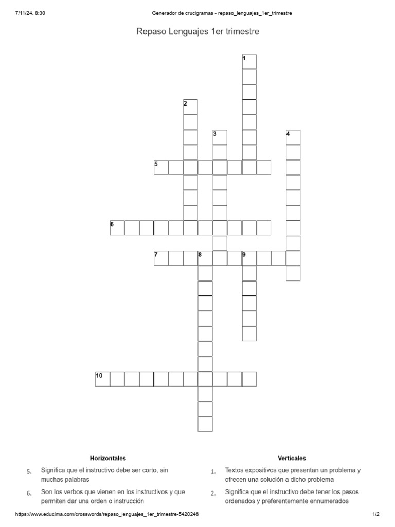 Crucigrama Repaso 3er Grado LENGUAJES | PDF