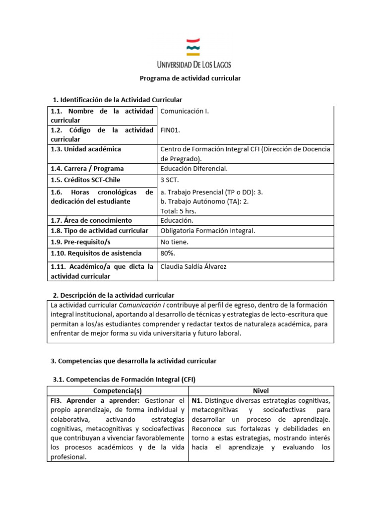 Programa Comunicación I 2023 - ED DIFERENCIAL | PDF | Comprensión ...