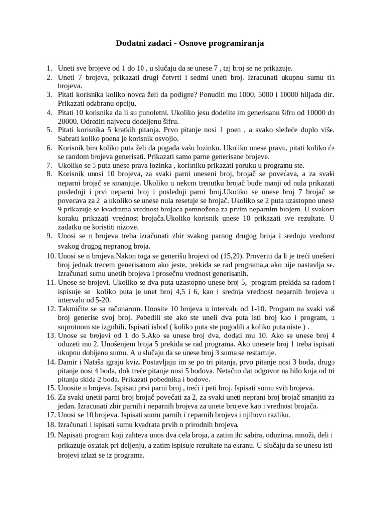 Dodatni Zadaci - Osnove Programiranja | PDF