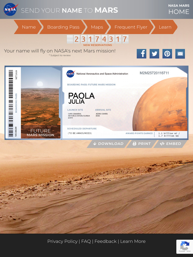 Boarding Pass Future Mars Mission | PDF