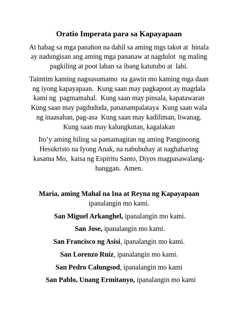 Oratio Imperata para Sa Kapayapaan | PDF