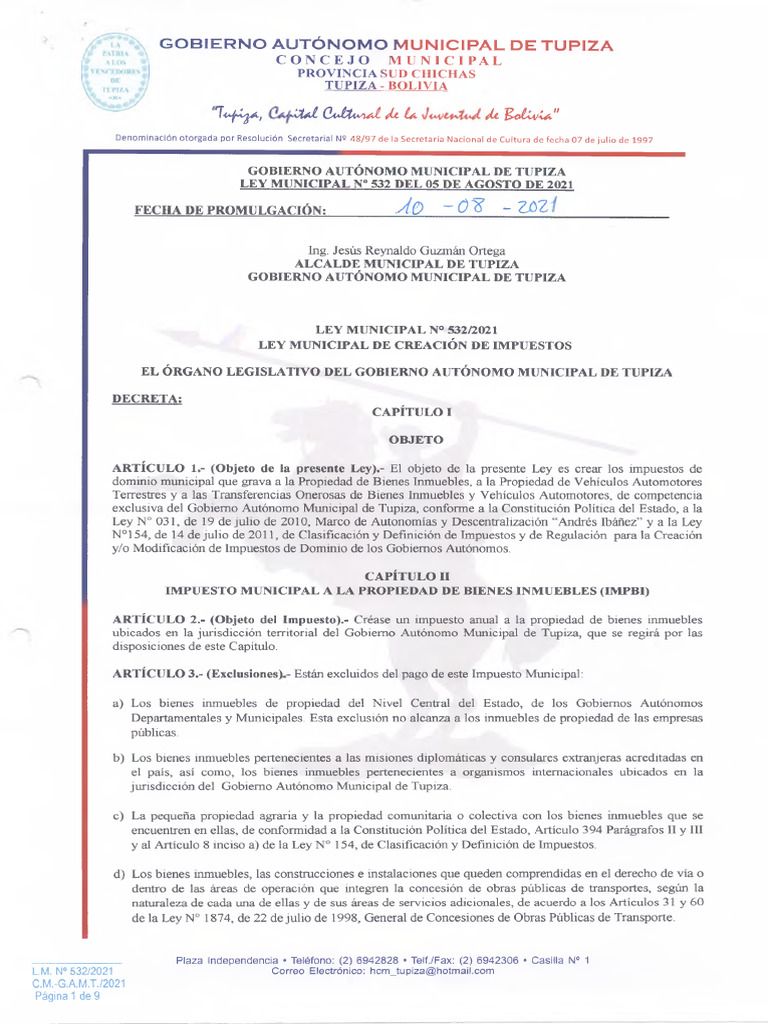 Ley Municipal Impuestos GAM Tupiza 2021 | PDF