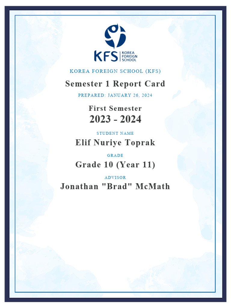 Semester 1 Report Card Grade 10 Year 11 Toprak Elif Nuriye 2024-01-26 | PDF | Cognition | Learning