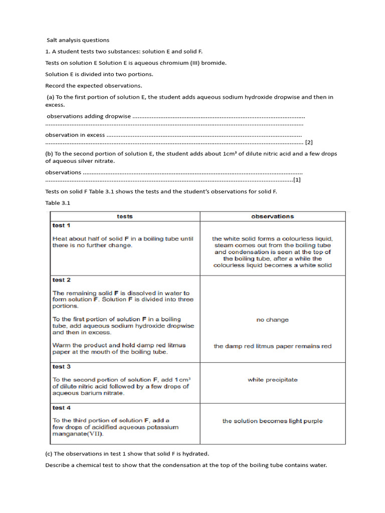 Salt Analysis Questions | PDF | Salt (Chemistry) | Acid