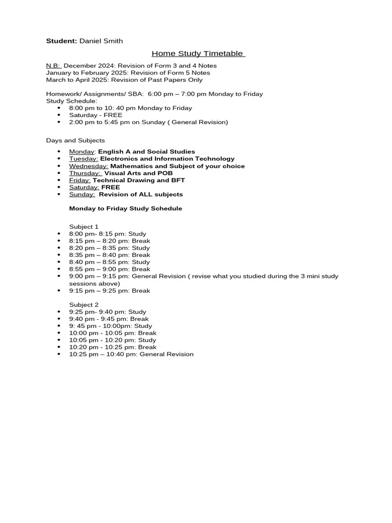 Daniel Smith Study Timetable | PDF