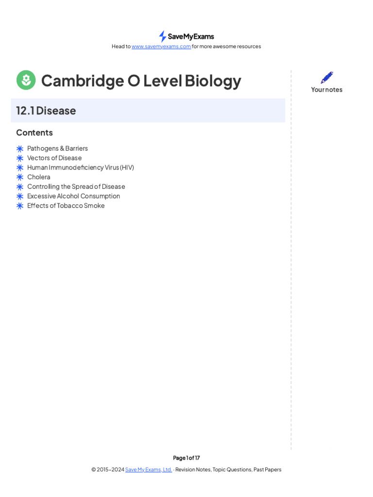 O Level Biology: Disease Overview | PDF | Immune System | Lung