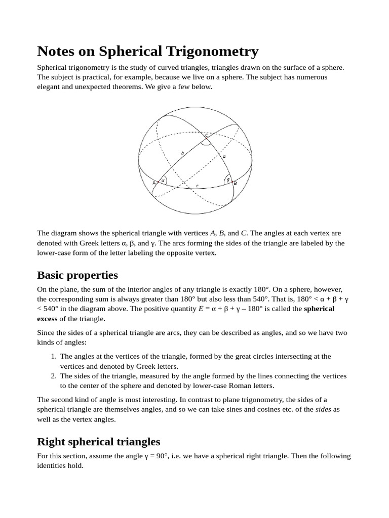 Notes On Spherical Trigonometry | PDF | Triangle | Sphere
