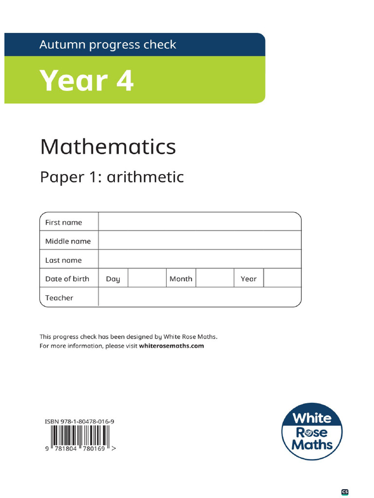 Year 4 Mathematics 2022 Autumn White Rose Arithmetic Paper 1 | PDF