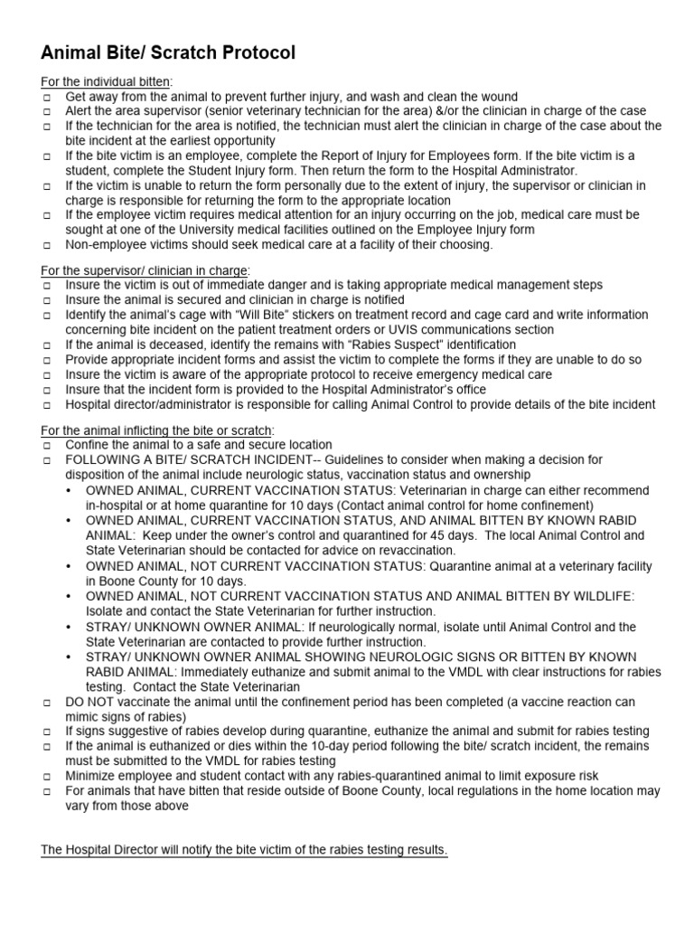 Animal Bite/Scratch Response Guide | PDF | Rabies | Health Care