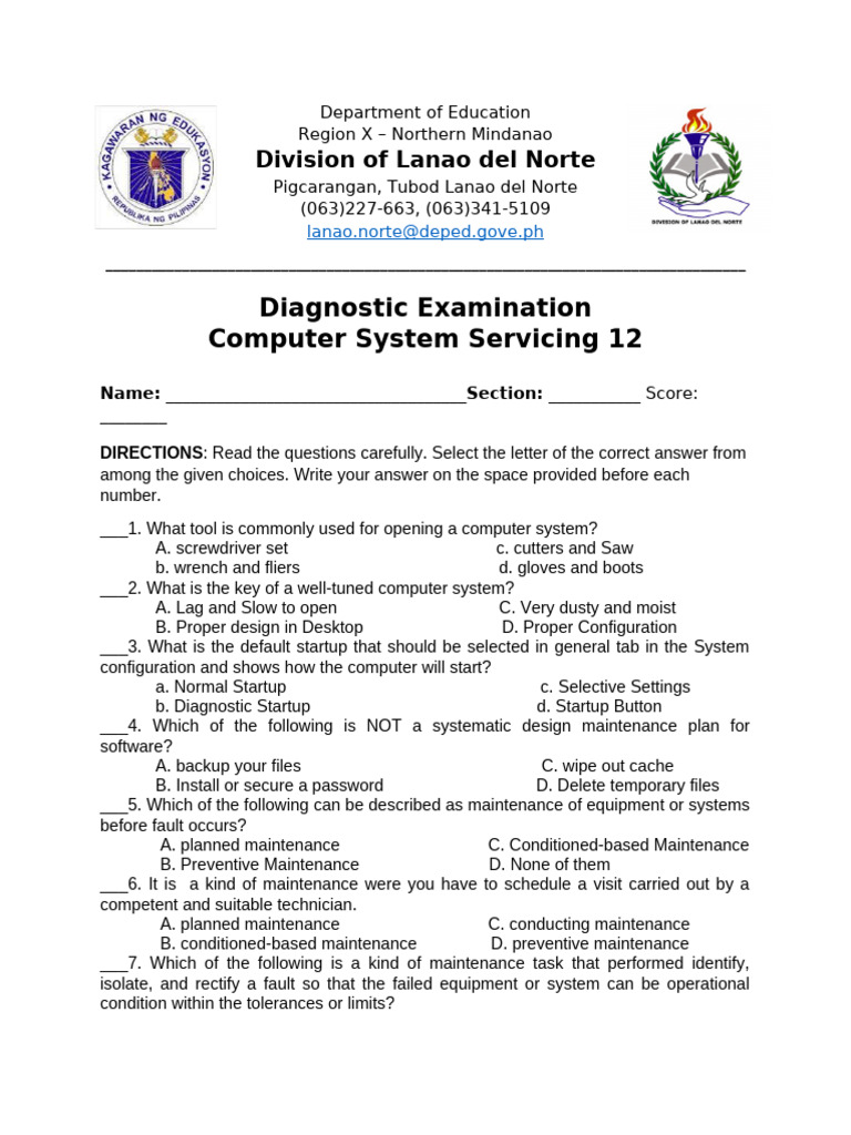 Diagnostic Test GRADE 10 CSS Final | PDF | Windows Registry | Booting