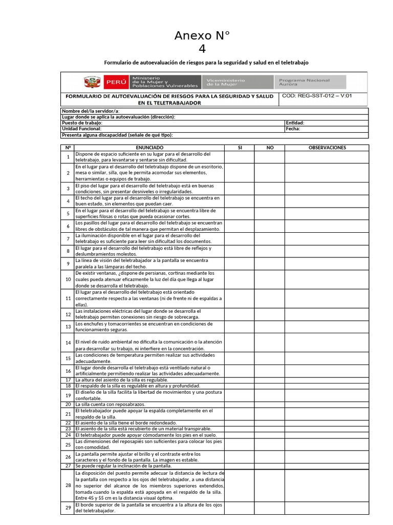 Anexo #04 - Formulario de Autoevaluación de SST | PDF