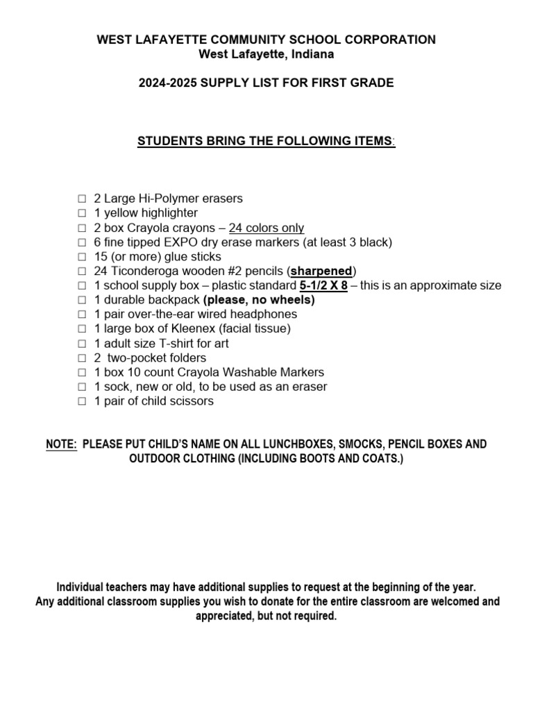 2024-2025 First Grade Supply List | PDF