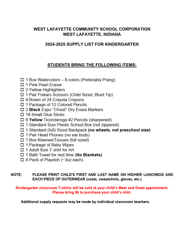 2024-2025 KDG Supplies List | PDF