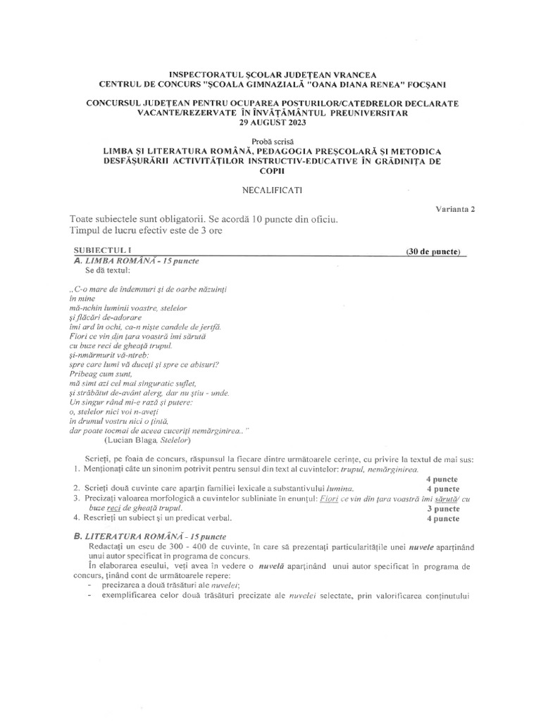 Educatoare - Proba Scrisa Necalificati - 2023 | PDF