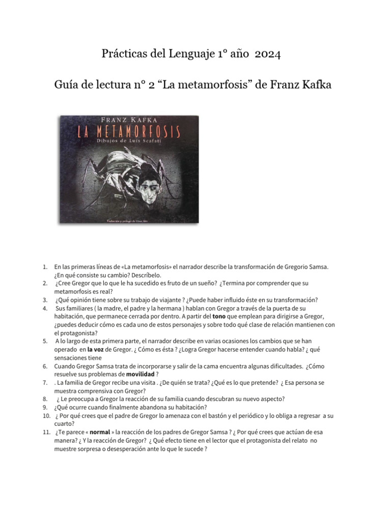 Guía° 2 La Metamorfosis de Franz Kafka | PDF | La metamorfosis | Franz ...