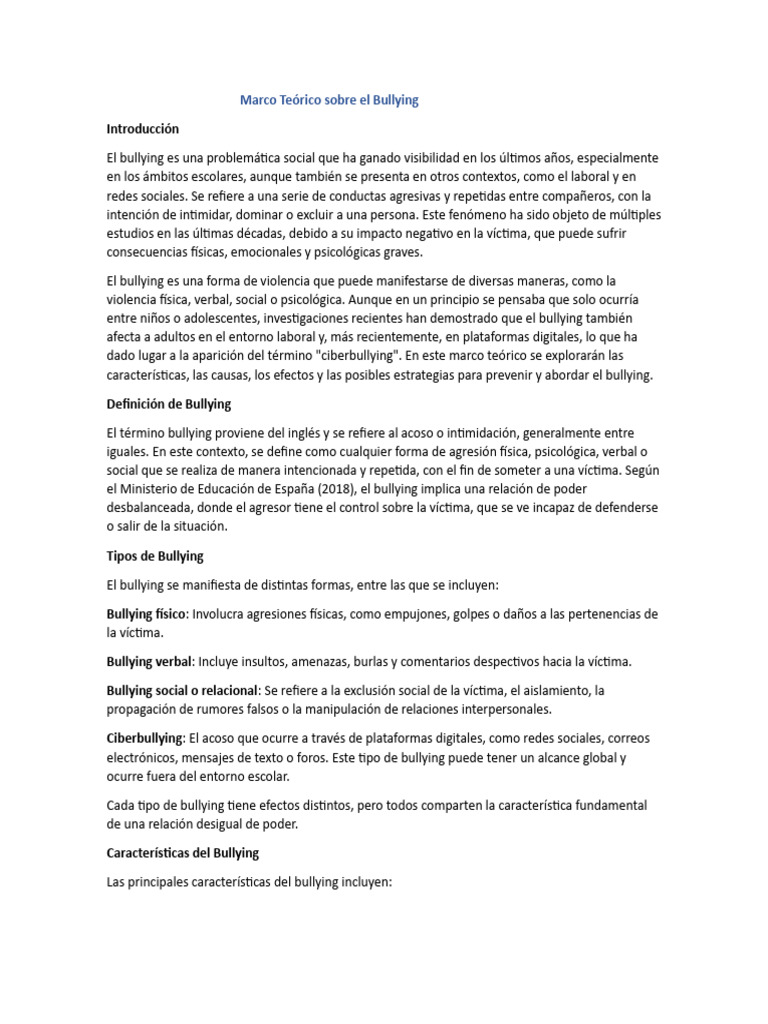 Marco Teórico Sobre El Bullying | PDF | Acoso cibernético | Agresión