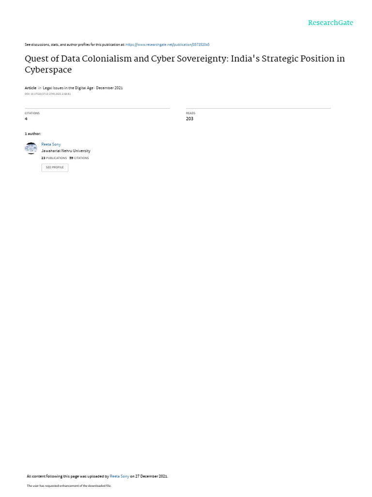 Quest of Data Colonialism and Cyber Sovereignty India's Strategic ...