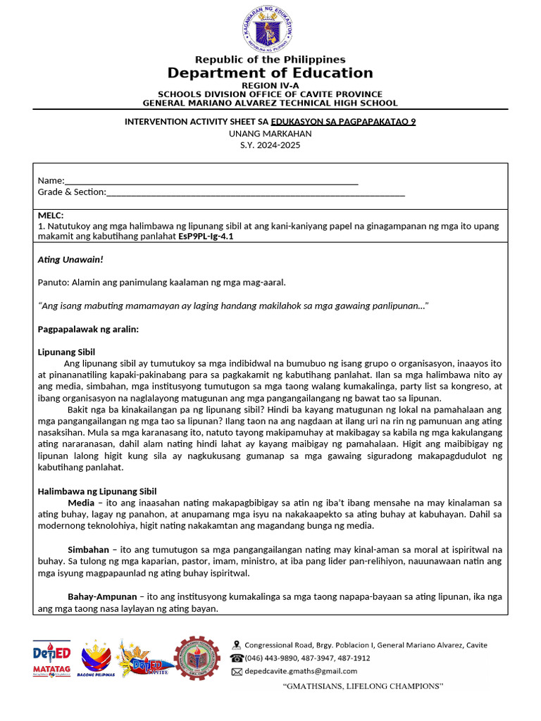 INTERVENTION ACTIVITY SHEET ESP 9 Q1 Lipunang Sibil Media Simbahan | PDF