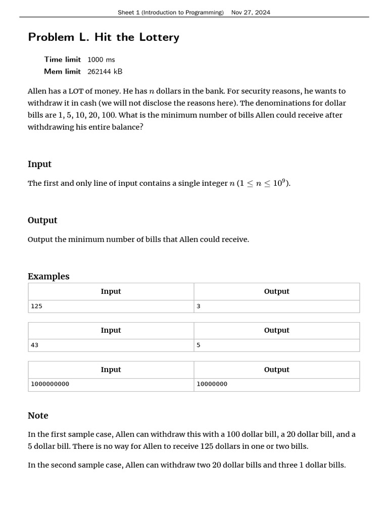 Problem L. Hit The Lottery: Input | PDF