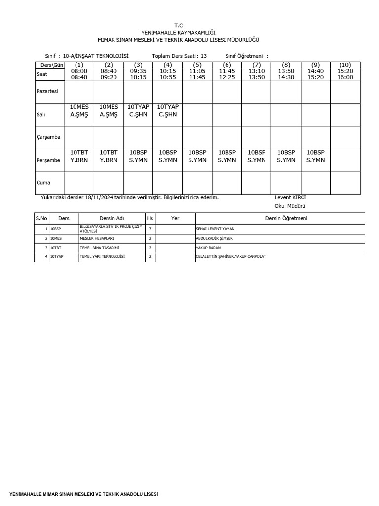 Sinif Programi 18.11.2024 | PDF