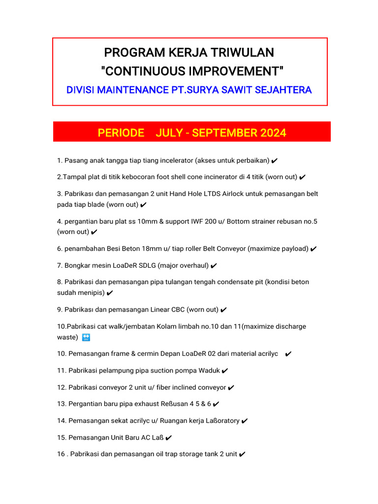 Program Kerja Triwulan Divisi Maintenance | PDF