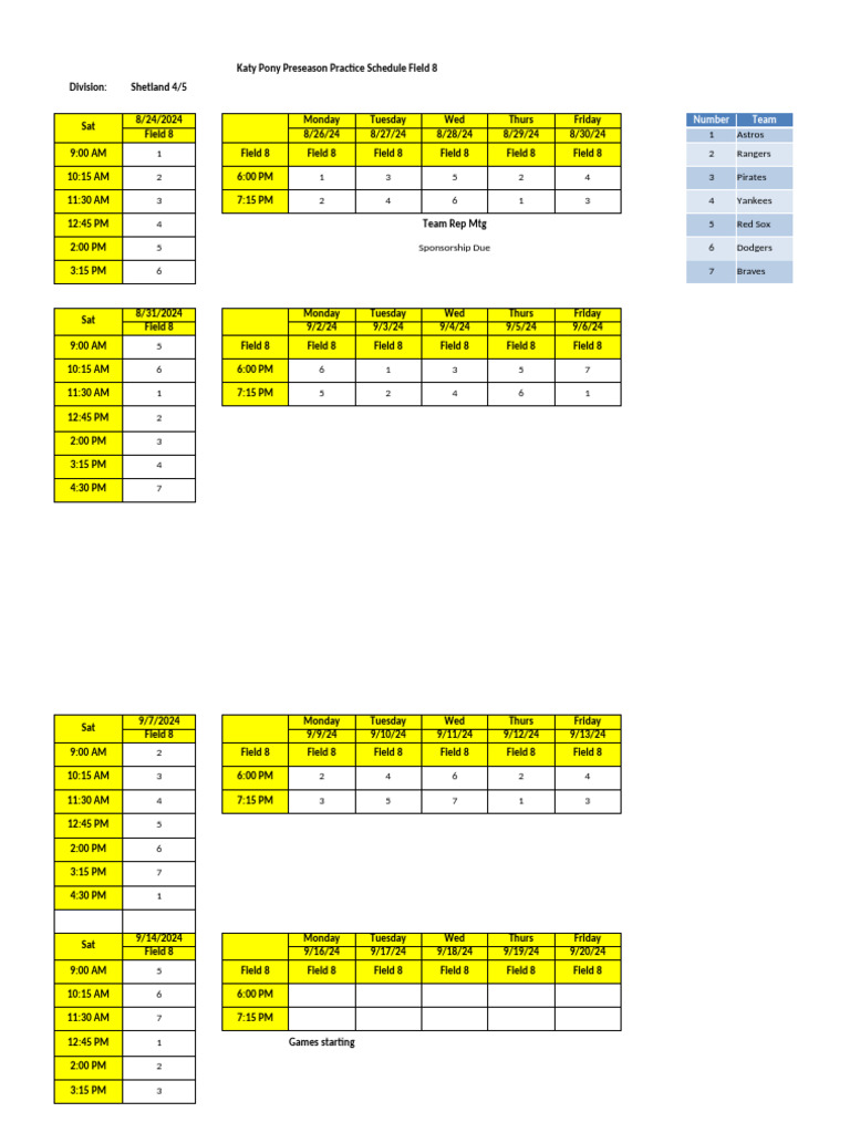 Fall 2024 Shetland 4-5 Practice Schedule - Field 8 Updated 8-30 | PDF ...