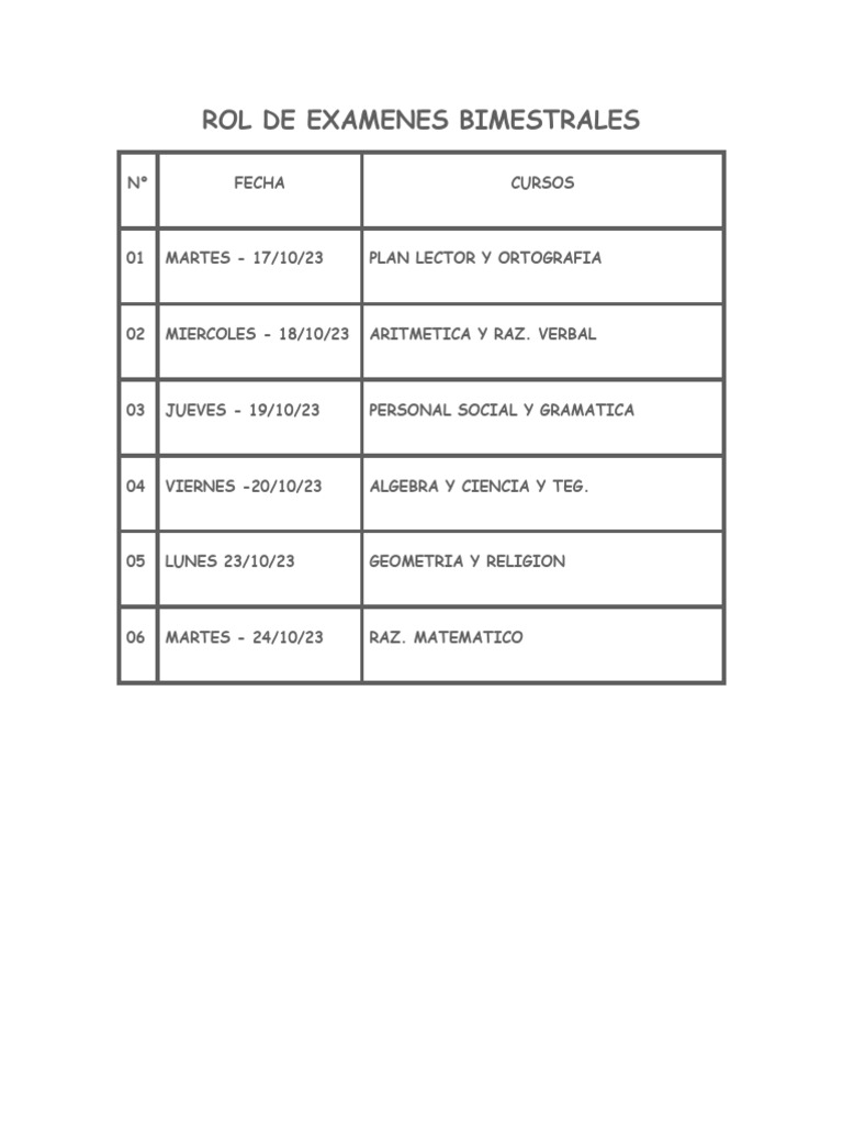 Rol de Examenes Bimestrales | PDF