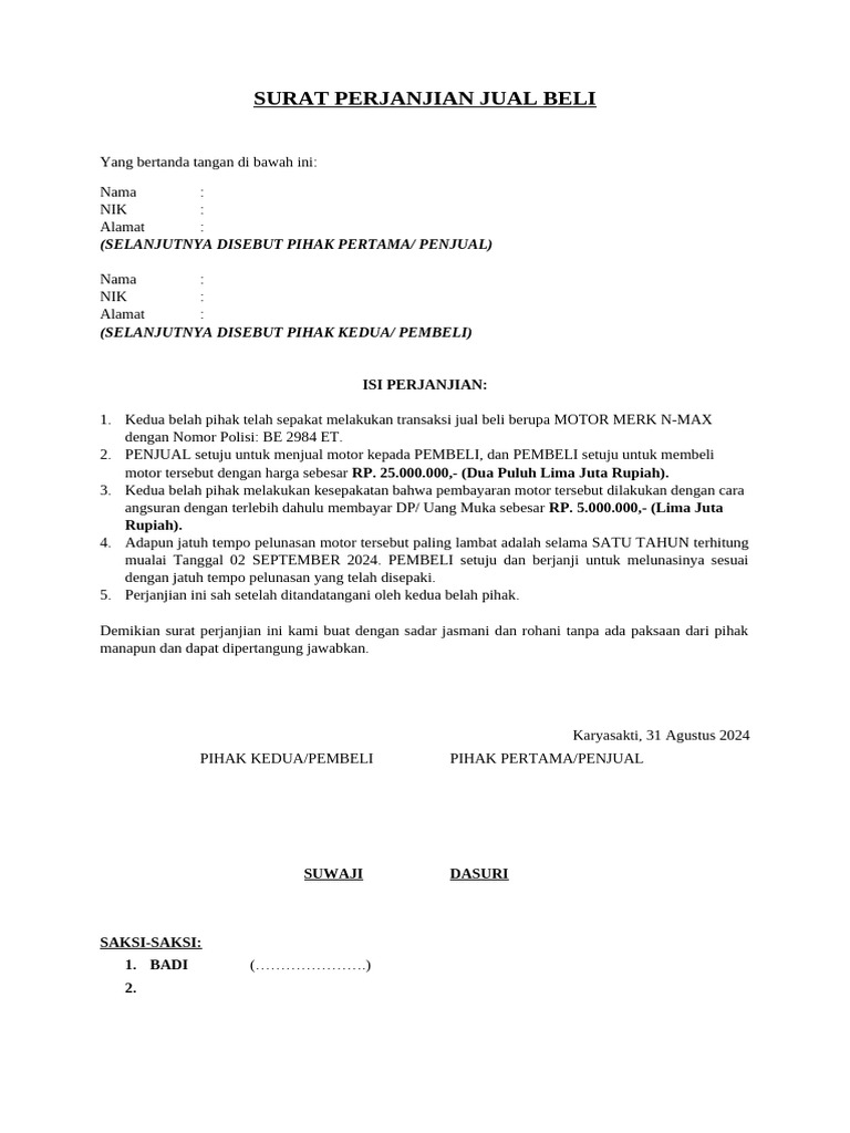Surat Perjanjian Jual Beli | PDF
