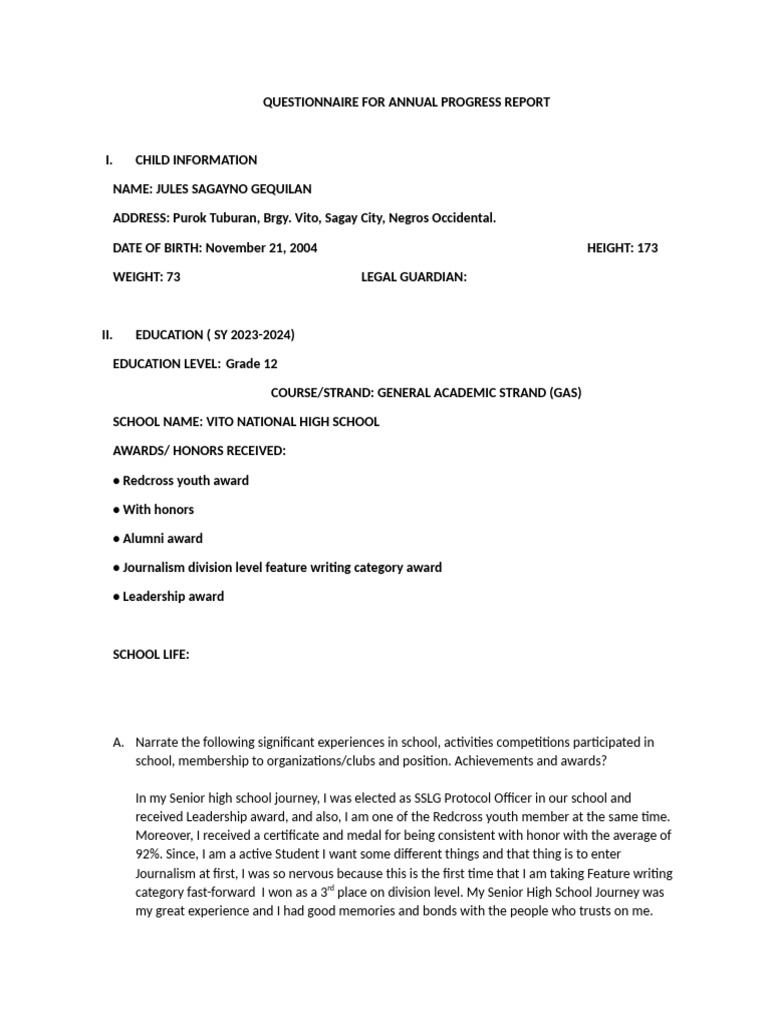 Questionnaire For Annual Progress Report | PDF | Social Psychology ...