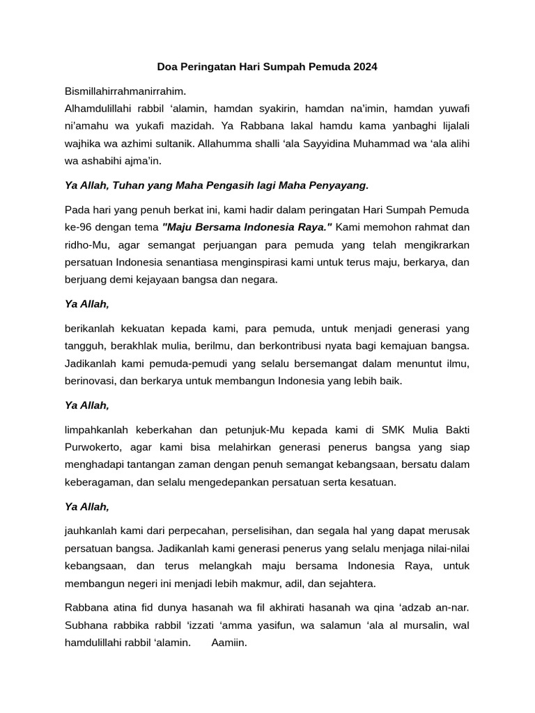 Doa Peringatan Hari Sumpah Pemuda 2024 | PDF
