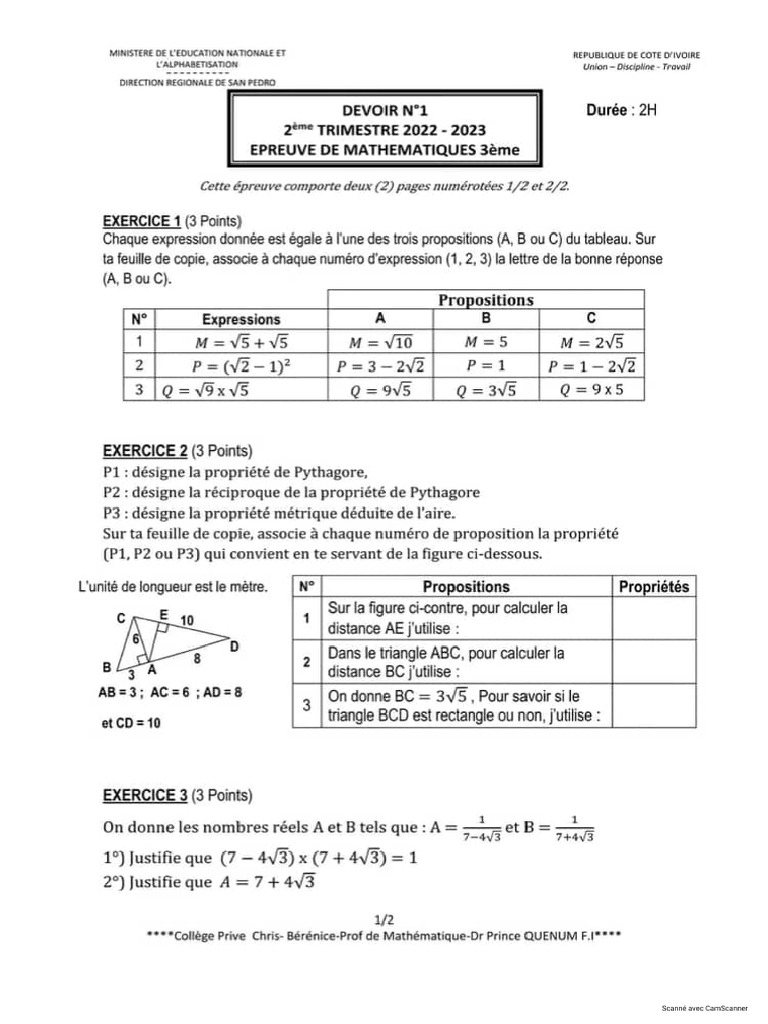 Devoir de Maths 3ieme Sans Corro | PDF
