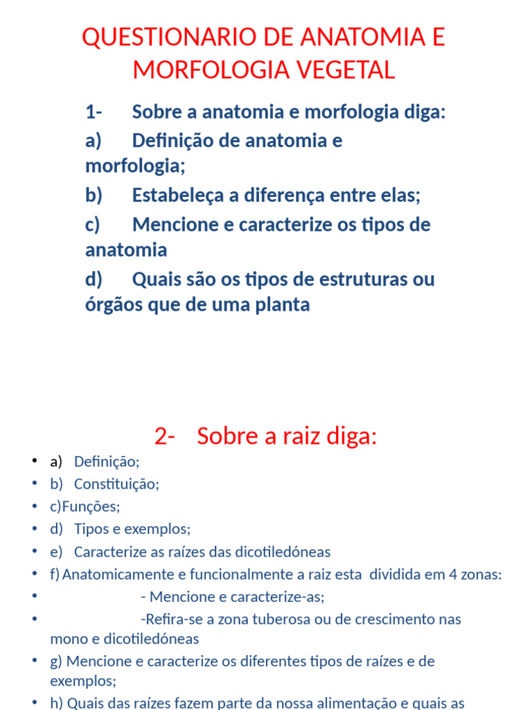 Questionario de Anatomia e Morfologia Vegetal.2018 | PDF | Raiz ...