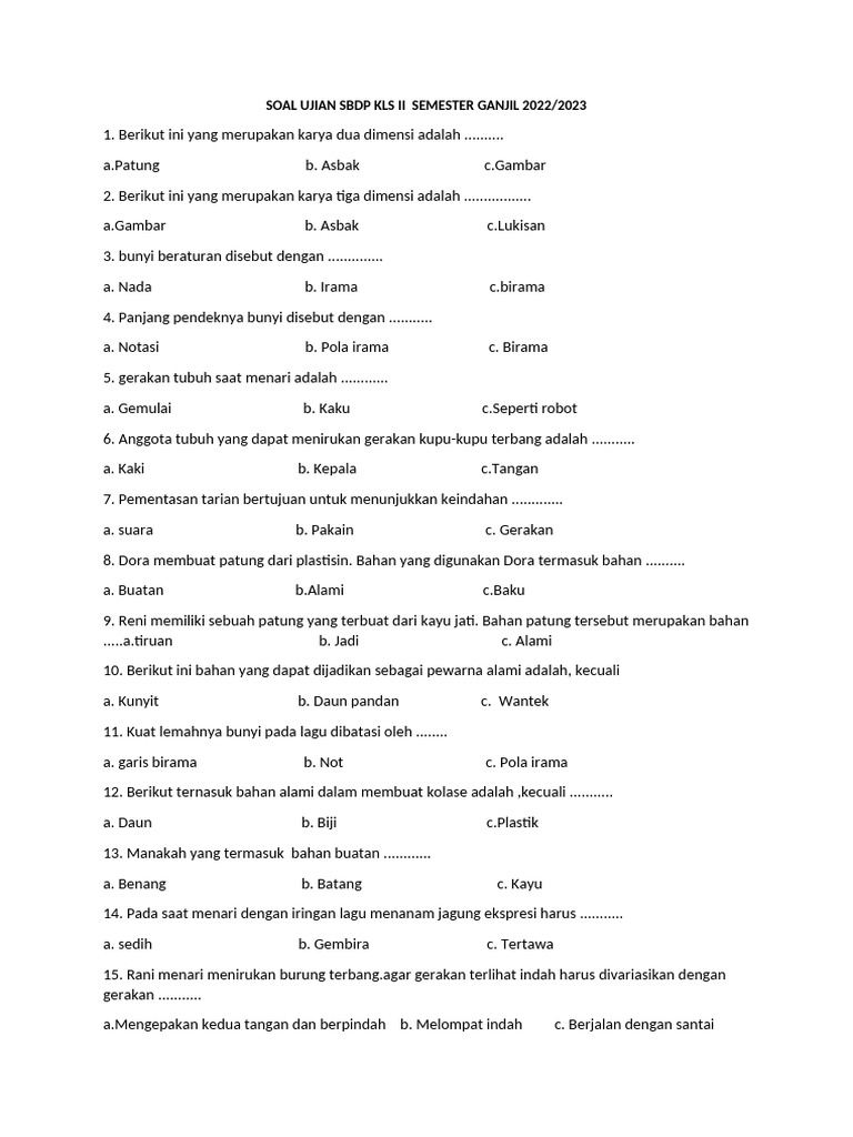 Soal SBDP Kelas II Semester Ganjil | PDF