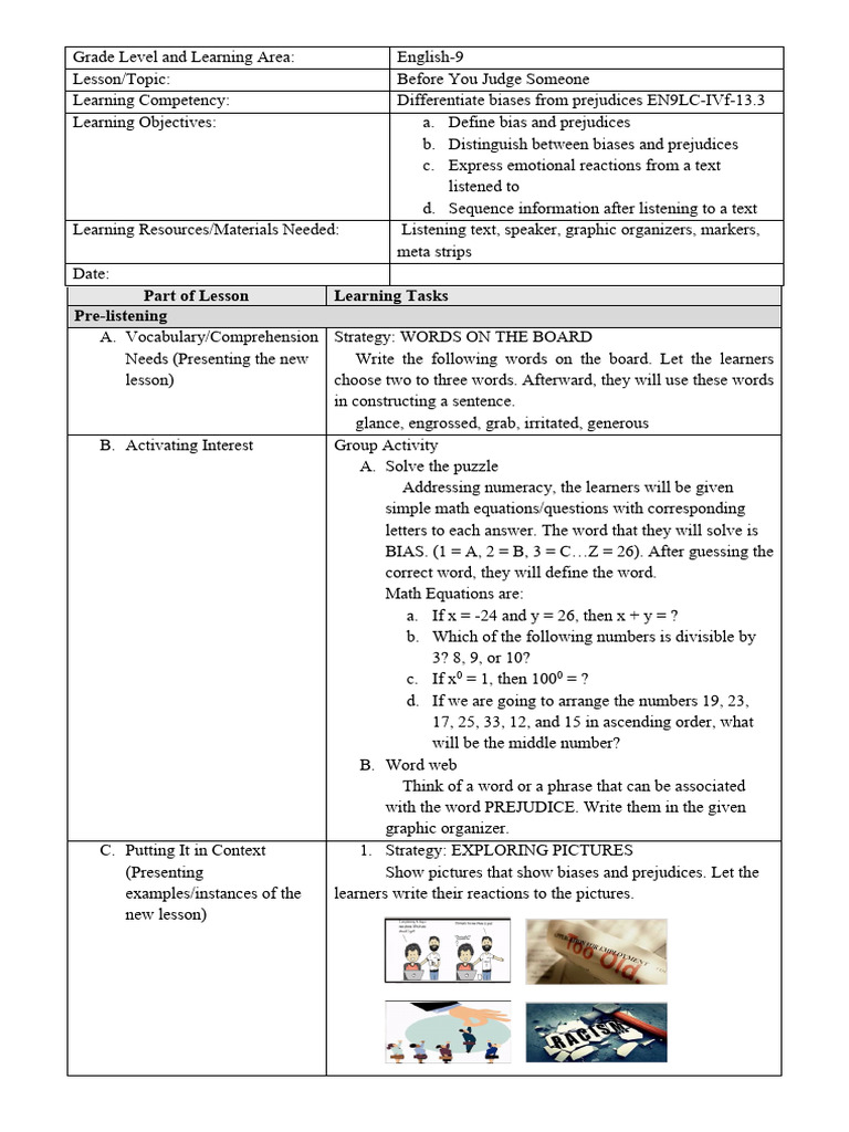 Lesson Plan For Speaking LAC Demo | PDF | Bias | Prejudices