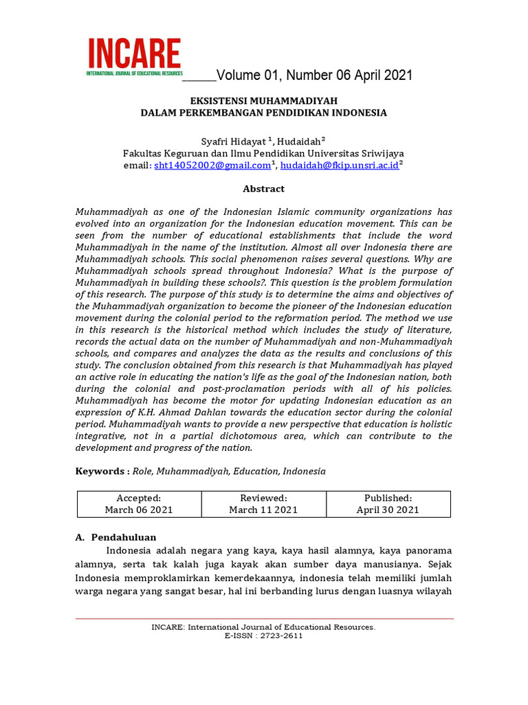 Eksistensi Muhammadiyah Dalam Perkembangan Pendidikan Indonesia | PDF