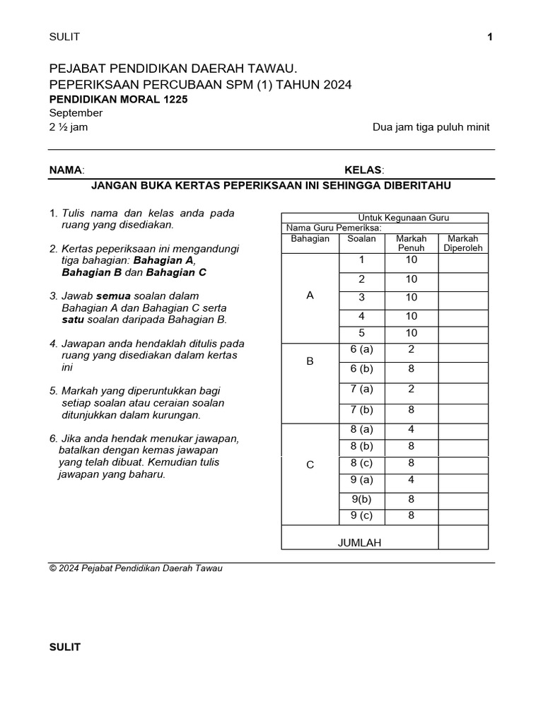 Percubaan SPM 2024 Set 1 (PPD Tawau) | PDF
