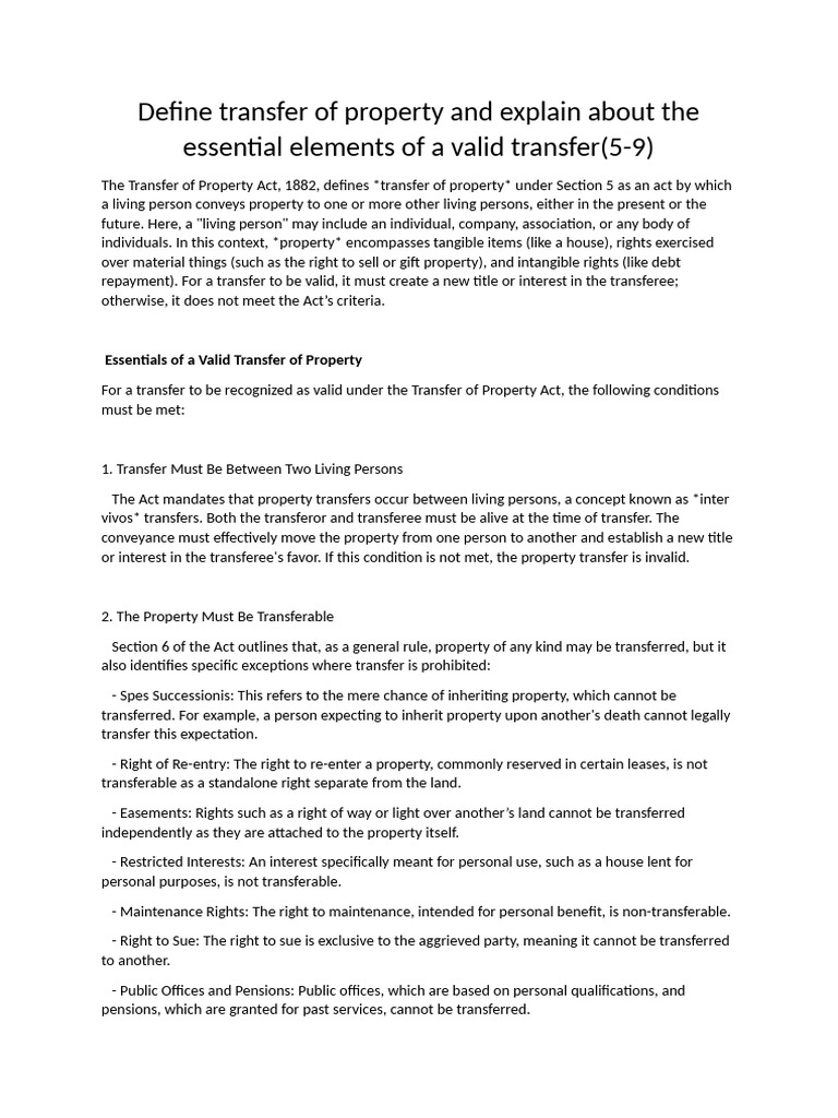 Define Transfer of Property and Explain About The Essential Elements of ...
