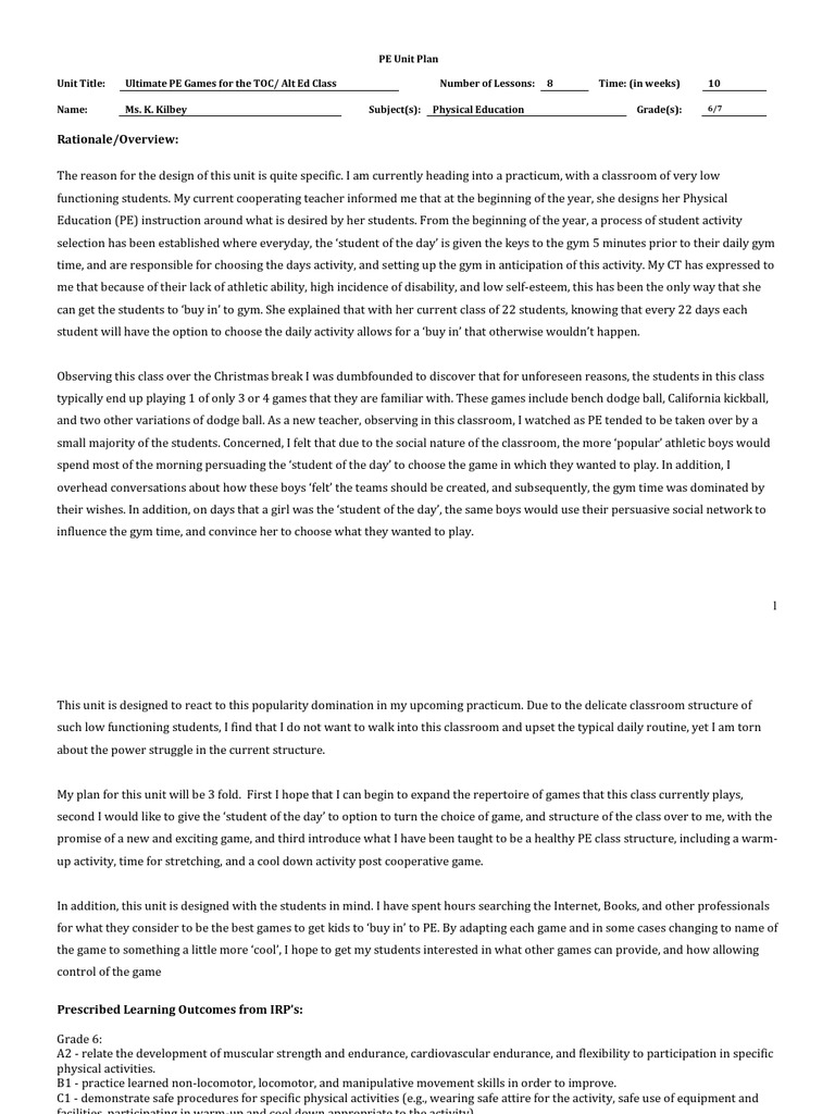 PE Unit Plan | PDF | Physical Education | Teachers
