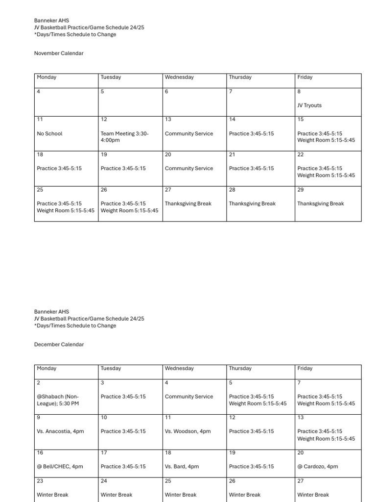 JV Basketball Practice - Game Schedule 24 - 25 | PDF