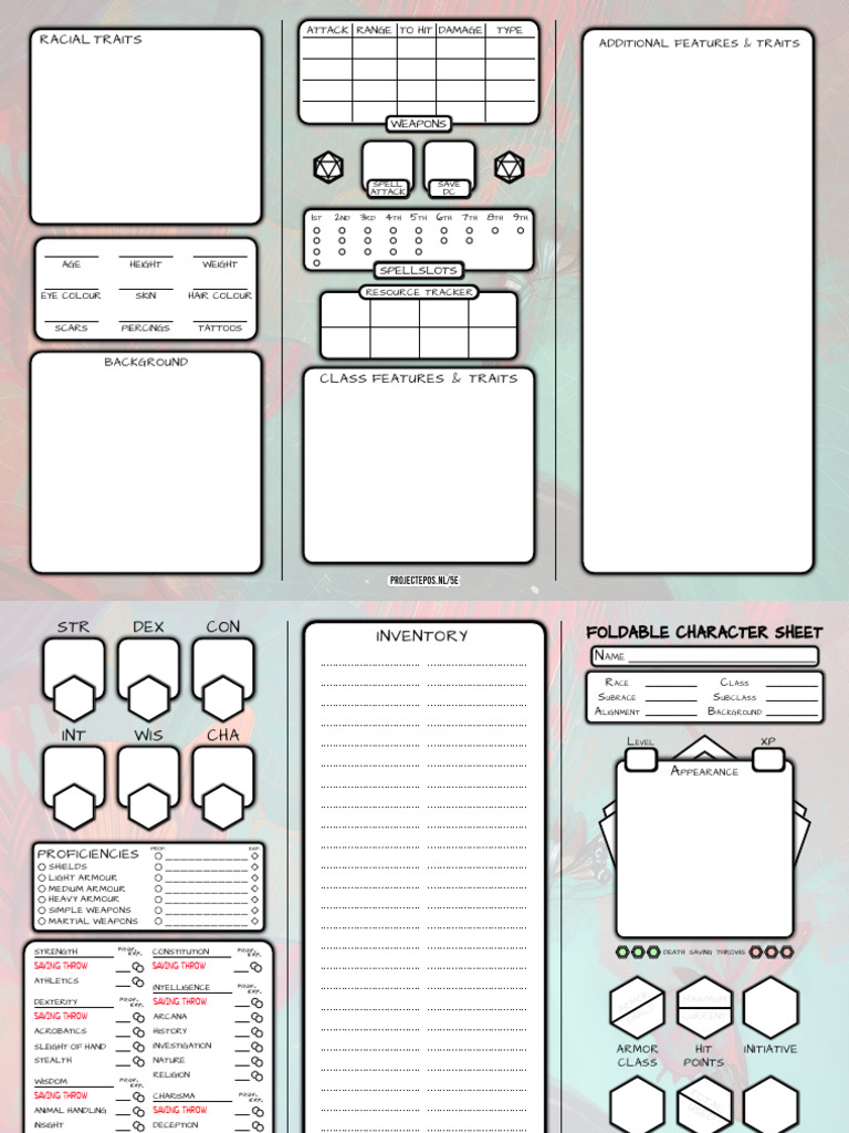 Foldable Character Sheet - Color - Form Fillable | PDF | Gaming | Role ...