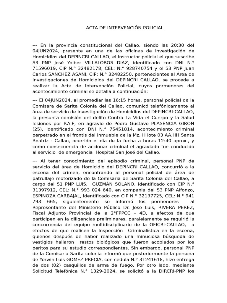 Acta de Intervención Policial Homicidio | PDF