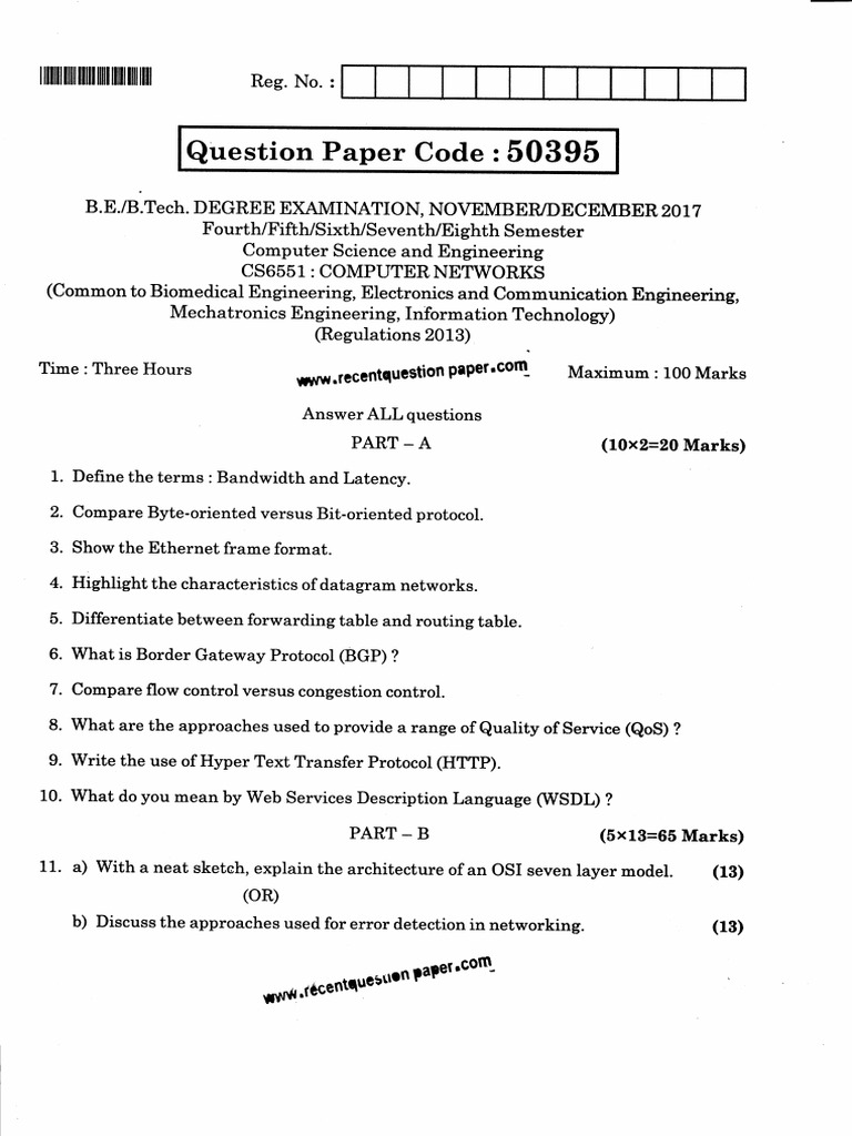 CS6551 Computer Networks Question Paper Nov Dec 2017 | PDF | Computer Network | Transmission ...