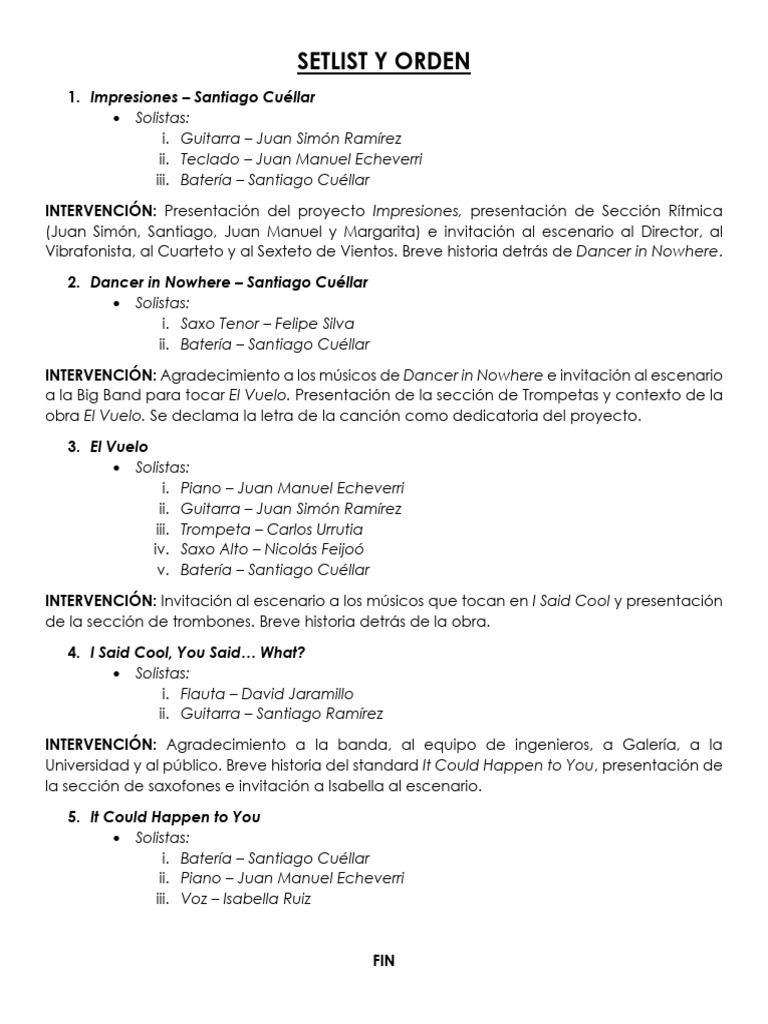 Setlist Concierto Impresiones | PDF