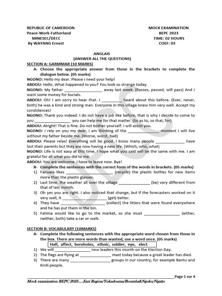 BEPC 2023 Mock Exam - English Practice | PDF | Citizenship